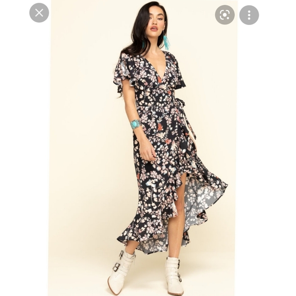 nikki Erin | Dresses | Nikki Erin Black Floral Surplice Hi Low Wrap ...